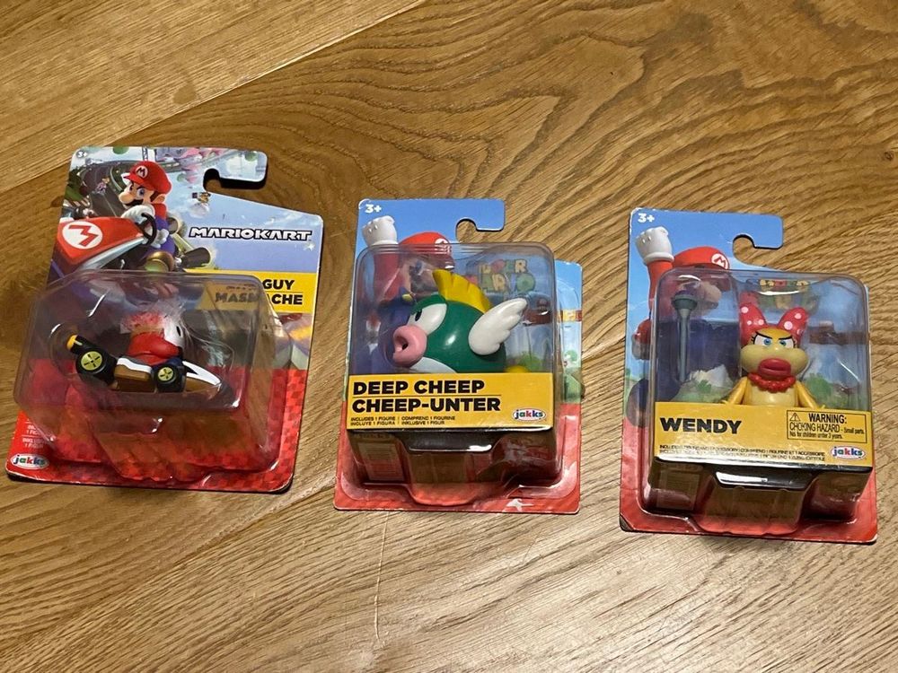 3 Super Mario Figuren Wendy, Deep Cheep + Mario Kart Maskach (Neu und ...