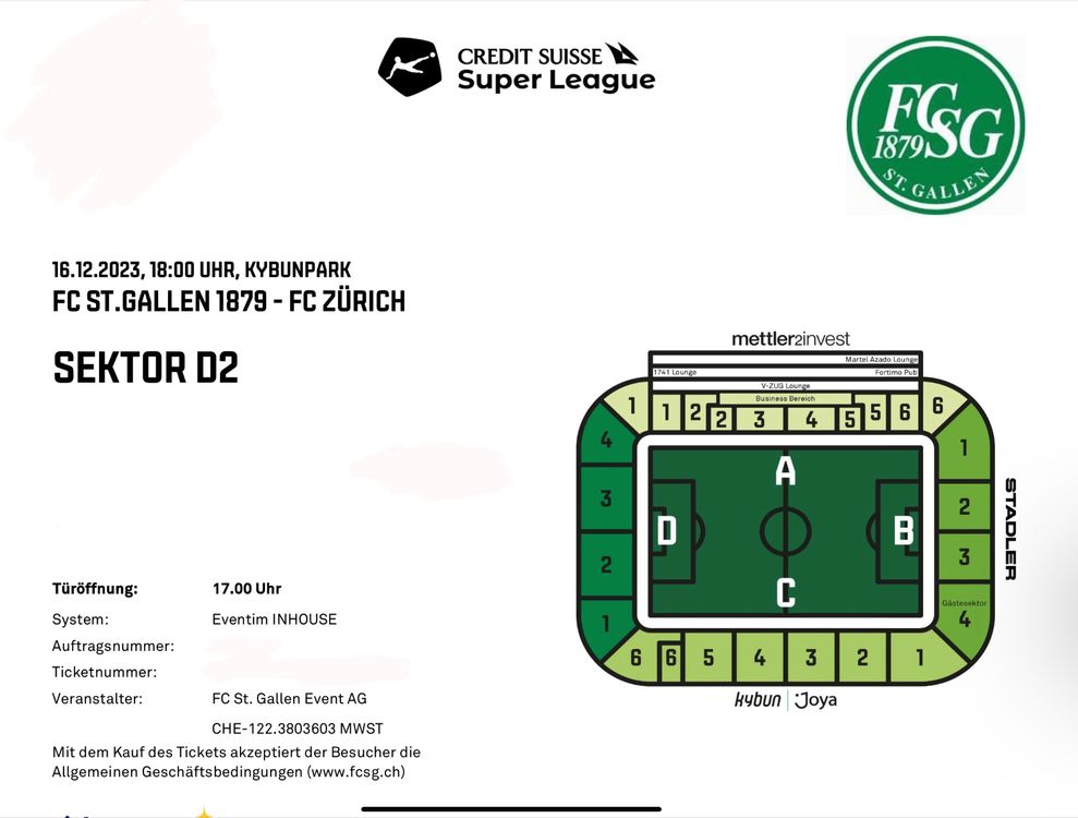 1x FCSG - FCZ 16.12 D2 D3 Stehplatz Ticket Zürich FCSG (Neu und ...