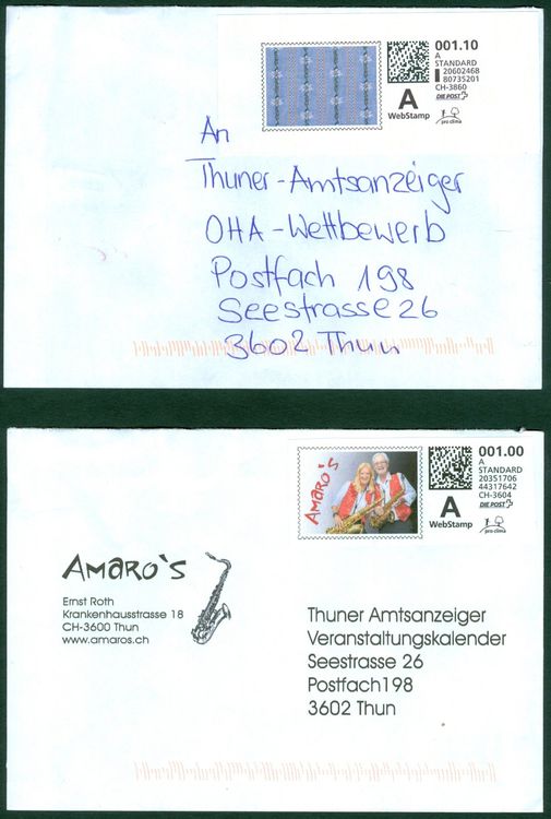 3 Briefe mit unterschiedlichen A WebStamp frankiert (Gebraucht) in Thun ...