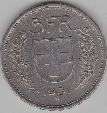 5 Franken 1931 Silber mit 13 Sterne über Kopf. (Gebraucht) in Schlieren für CHF 14 – mit ...