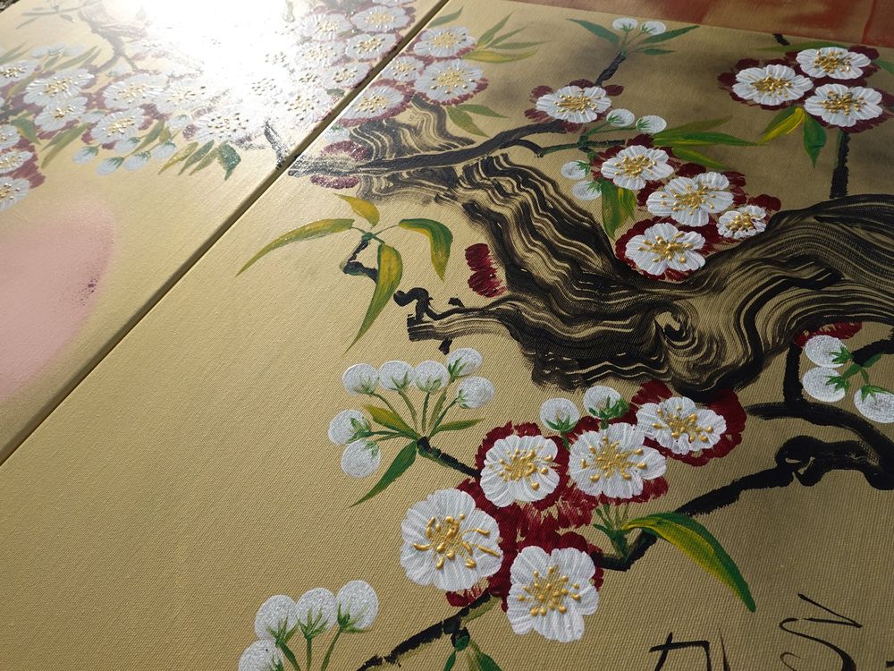 Japanische Sakura J345 ⚡️ Goldene Acrylgemälde 100x100cm | Kaufen auf Ricardo