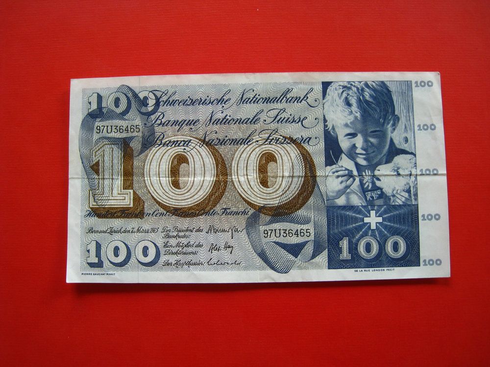 100 Franken-Note 1973, gefaltet, Hl. Sankt Martin (Gebraucht) in ...