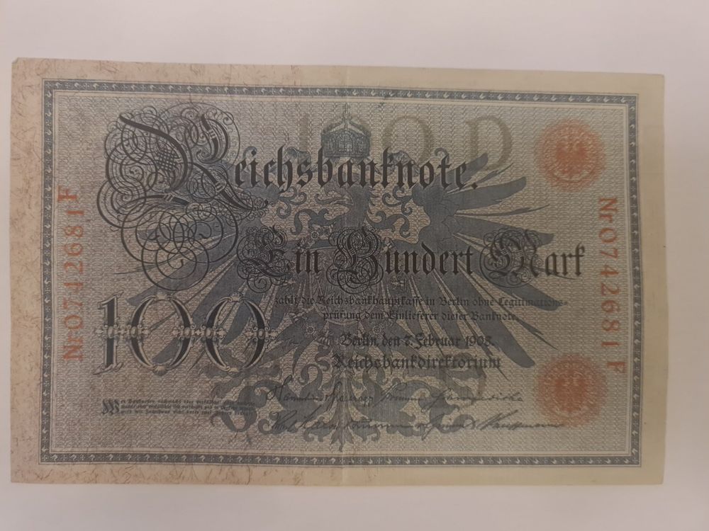 Alte deutsche Banknote 100 Mark 1908 (Gebraucht) in Allschwil für CHF 9 ...