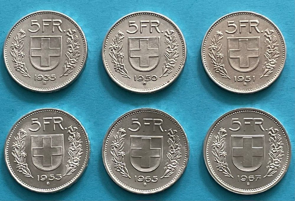 6 Schweizer Silber 5 Franken-Münzen mit diversem Jahrgang | Kaufen auf Ricardo