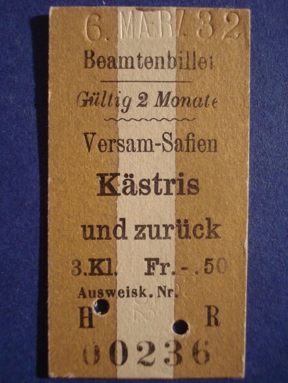 SBB - RhB - 6.3.1922 - VERSAM-SAFIEN - KÄSTRIS - 3.Klasse (Gebraucht) in Biel/Bienne für CHF 20 ...