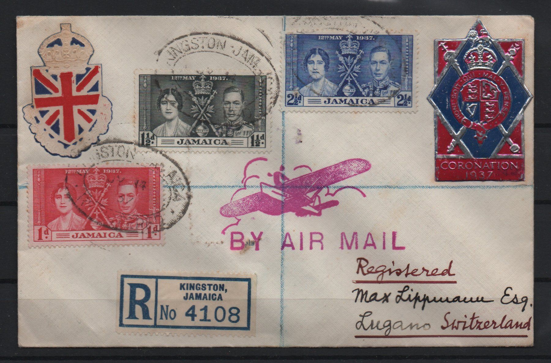 Jamaika 1937 Krönung König Georg VI Flugpost Brief Lugano (Gebraucht ...