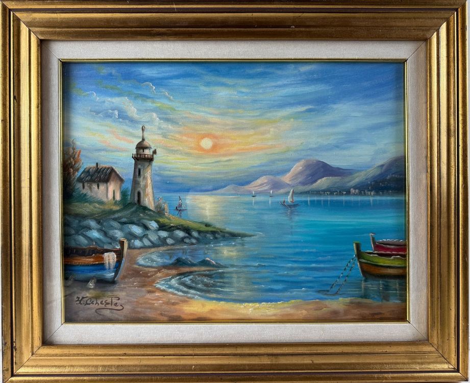 Wunderschoenes Gemaelde, Motiv:Leuchtturm am Meer, signiert | Kaufen auf Ricardo