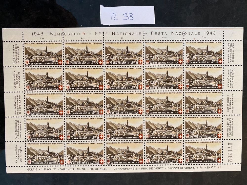 Pro Patria Bogen Nr 20 postfrisch ** (Neu (gemäss Beschreibung)) in Wil SG für CHF 26.9 – mit ...