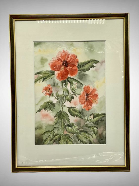Aquarelle Nature morte aux fleurs d'hibiscus. Signée A.C. | Kaufen auf Ricardo