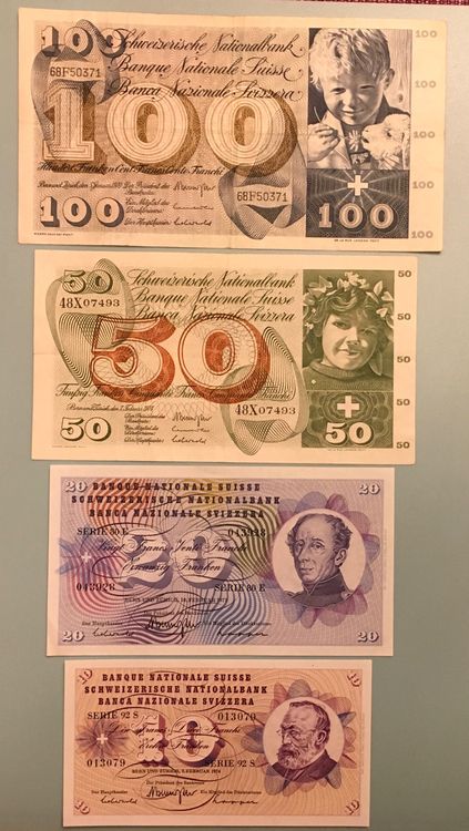 Schweizer Banknoten 100, 50, 20, 10 Fr. ss, 2 x neu, ungef. (Gebraucht) in Kriens für CHF 132 ...