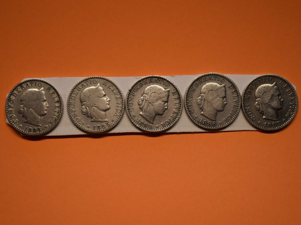 Fünf alte 20 Rappen Münzen der Schweiz (Gebraucht) in Bettingen für CHF ...