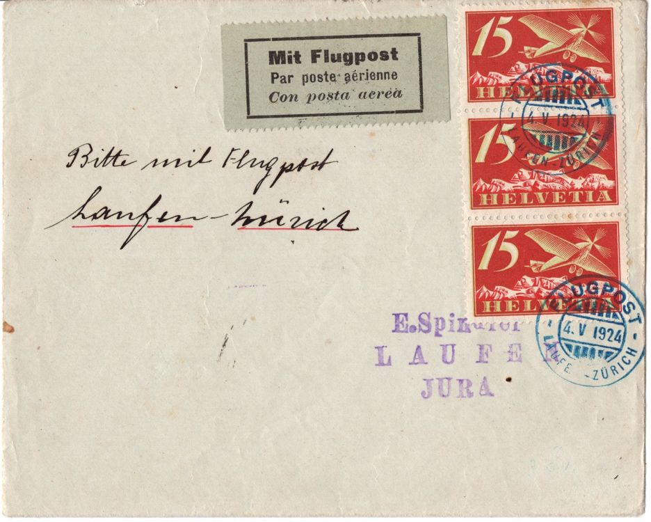15 Rp. Flugpost mit ABART in MeF auf Flugbrief nach LAUFEN (Gebraucht) in Eglisau für CHF 24 ...