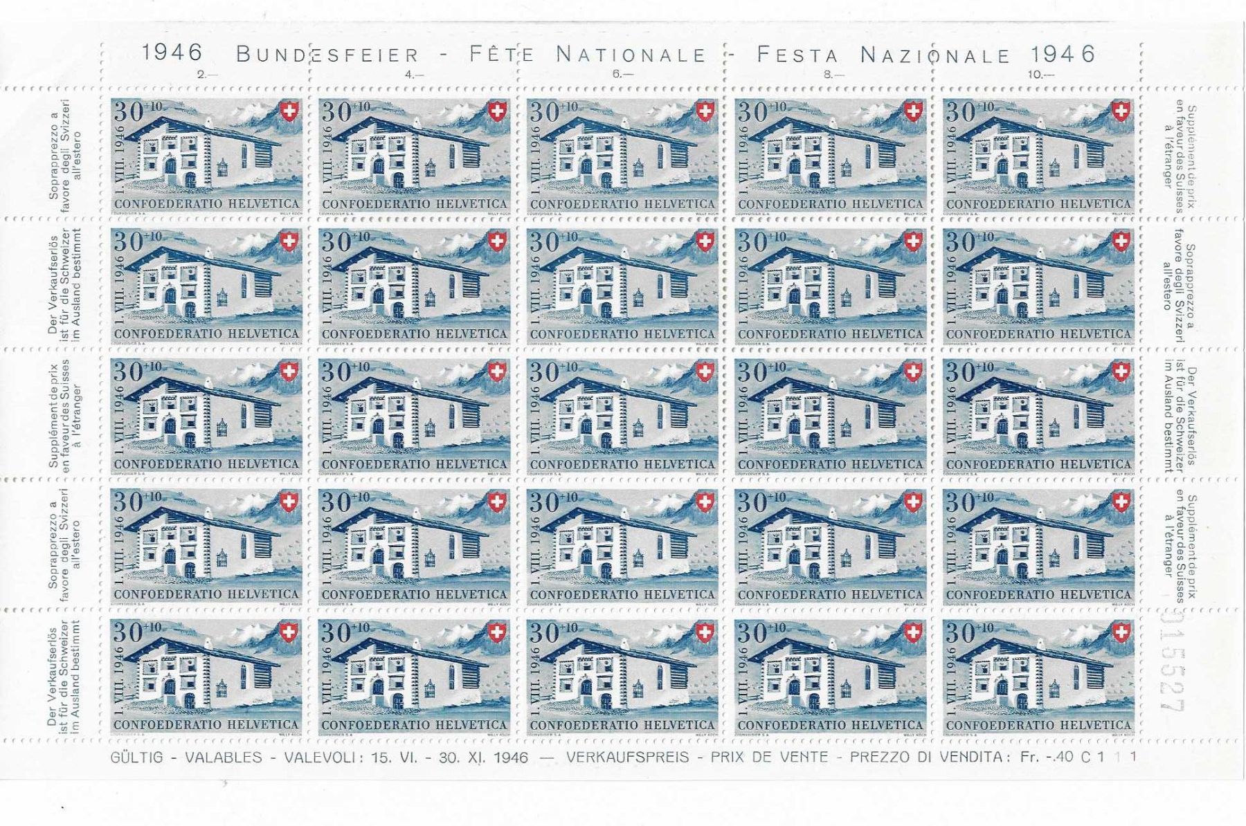 PRO PATRIA 25 x SATZ 1946 in 4 BOGEN KÄSEREI ENGAD. HAUS + (Neu (gemäss ...