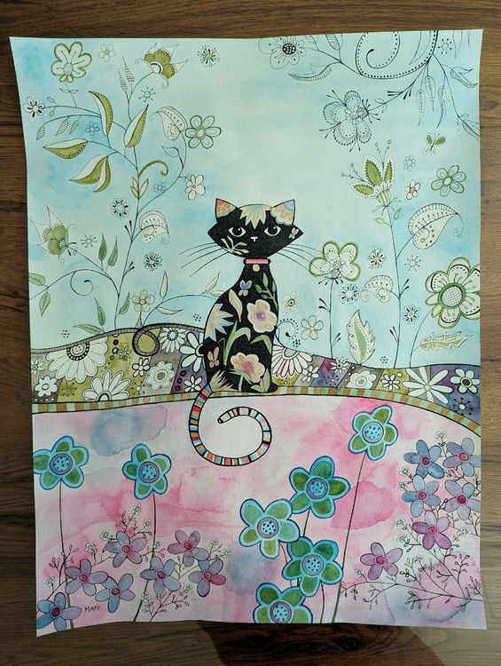 Original Aquarell schwarze Katze blumig und verspielt Bild (Neu und originalverpackt) in ...