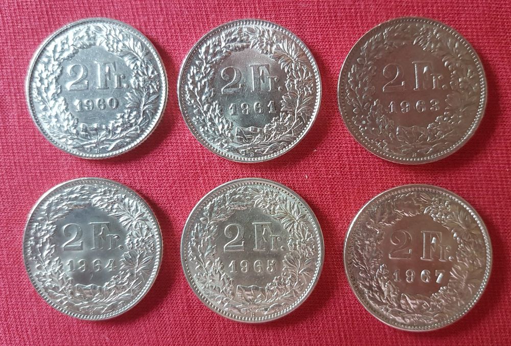 6 x 2 Fr Silbermünzen 1960 bis 1967 komplette Serie ab 1 Fr (Gebraucht) in Camignolo für CHF 32 ...