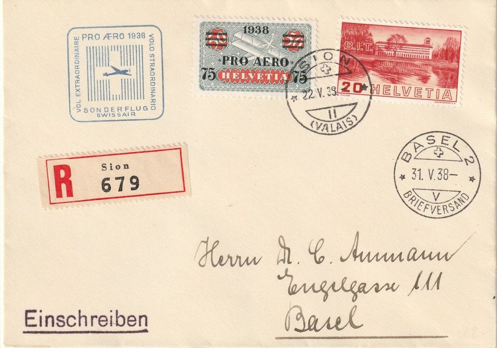 Pro Aero 1938, Etappe Sion-Basel, mit Z-Frank., portogerecht | Kaufen auf Ricardo