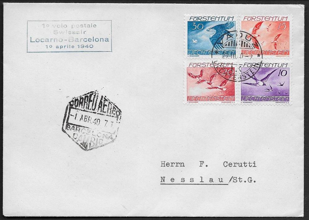 1940 1. Swissair Fl. Vaduz-Locarno-Barcelona SF 40.2aLab 1.- (Gebraucht) in Zürich für CHF 23 ...