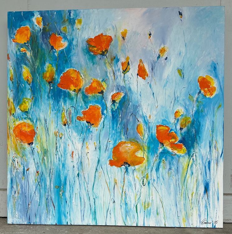 Blumenbild, Malerei, "Mohnblumen"in Orange und Blau. Top! | Kaufen auf Ricardo
