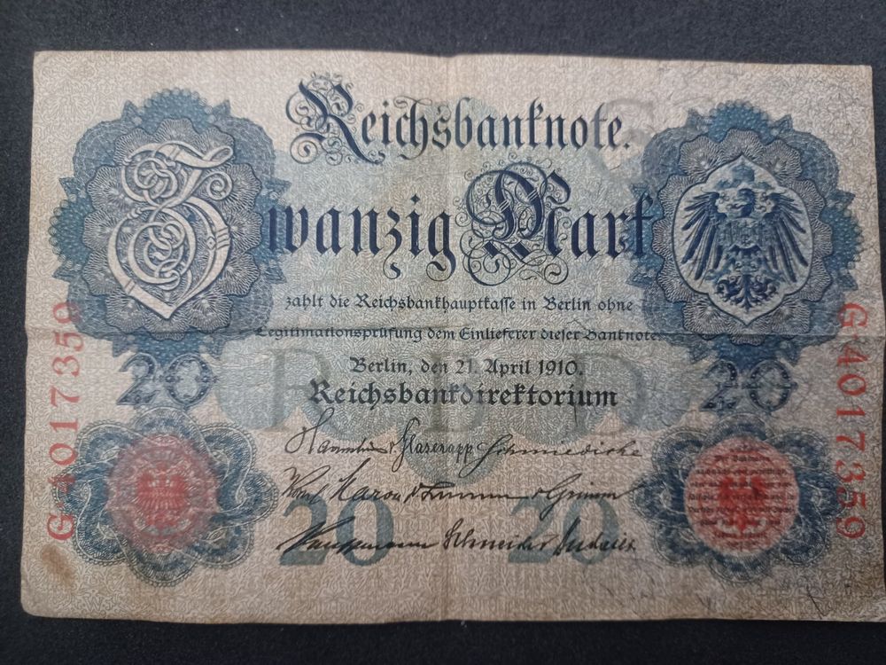Bank Note 20 Deutsche Reichs Mark Berlin 21. Januar 1910 (Gebraucht) in ...