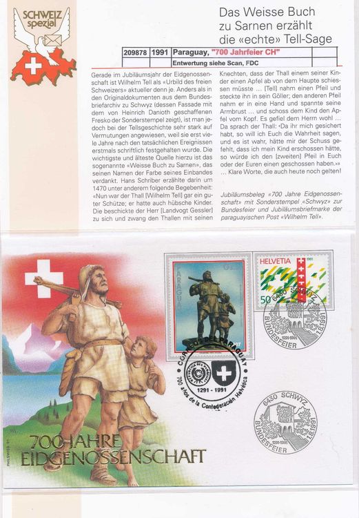 1991 Paraguay, 700 Jahre Schweiz - FDC (Gebraucht) in Winterthur für CHF 2.5 – mit Lieferung auf ...