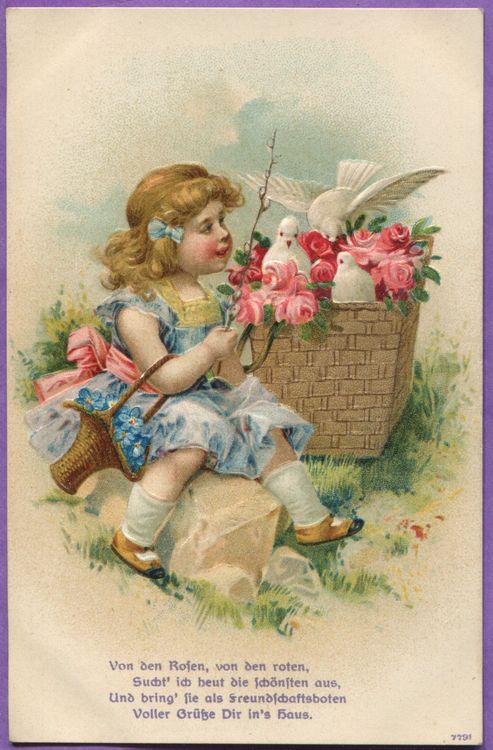 AK ca 1910 Mädchen Rosen-Korb Tauben SPRUCH Kitsch (Gebraucht) in Zug ...