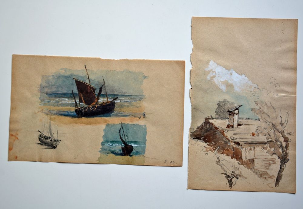 Zwei Blätter mit Aquarellen – Schiffe & Berghütte | Kaufen auf Ricardo