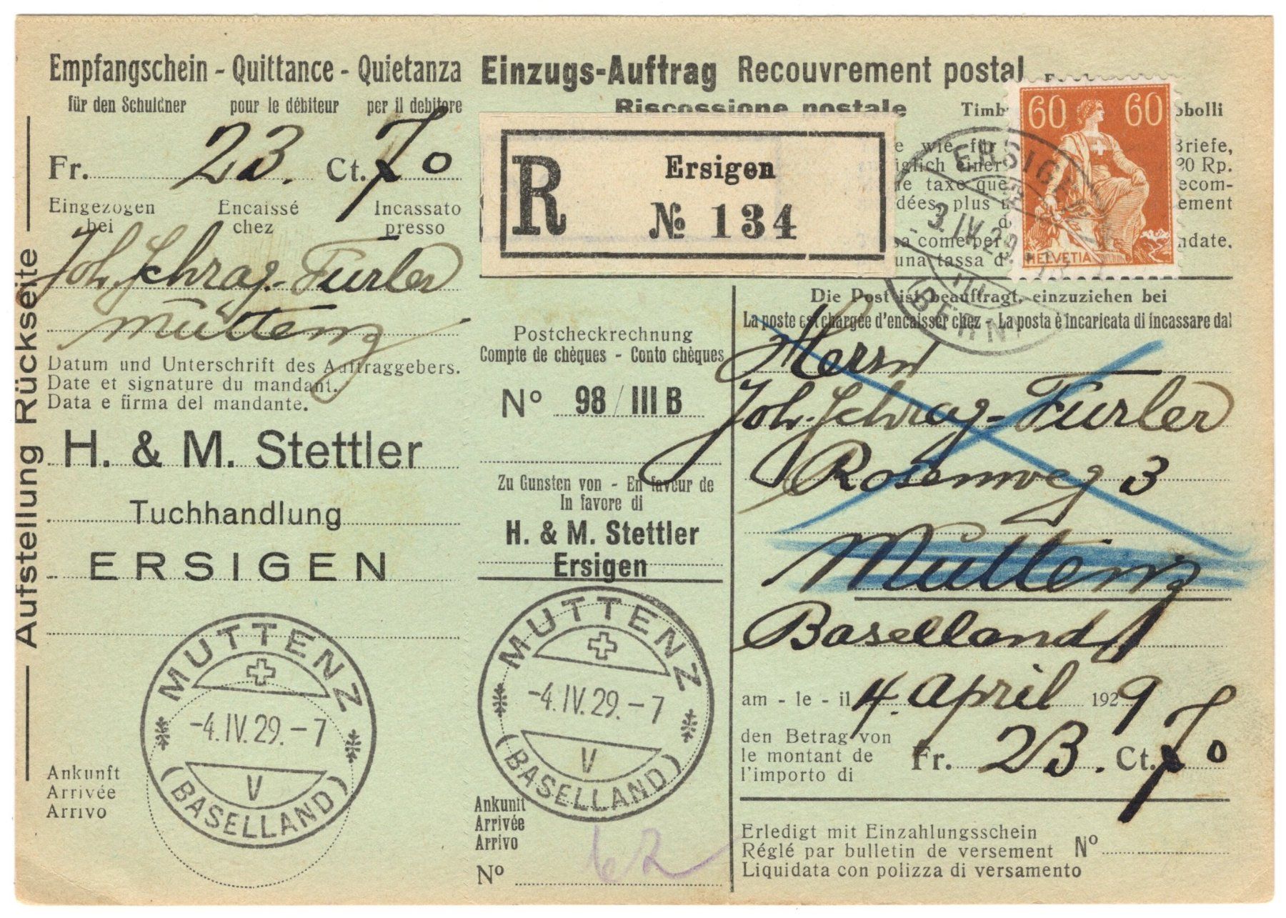 60 Rp. Helvetia mit Schwert - R-Einzugs-Auftrag von ERSIGEN (Gebraucht ...