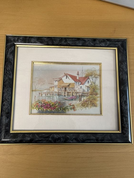 Gemälde Aquarell gerahmt Haus am Wasser idyllisch (Gebraucht) in Dottikon für CHF 30 – mit ...