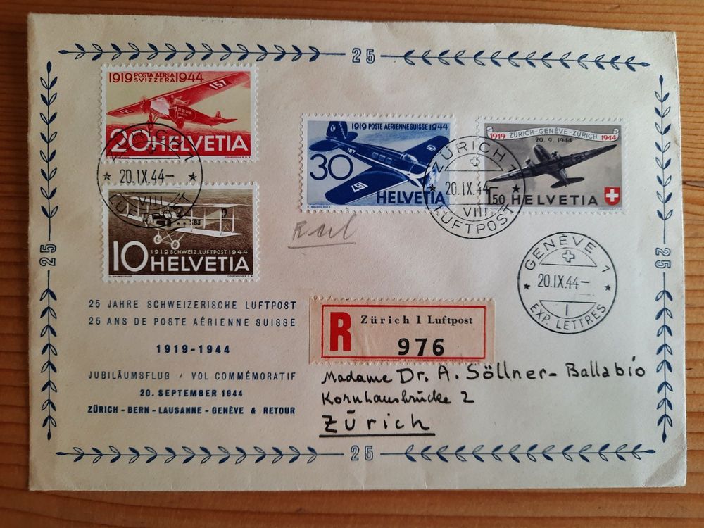 25 Jahre CH-Luftpost R-Brief 20.9.1944 gemäss Bilder (Gebraucht) in Oberuzwil für CHF 5 – mit ...