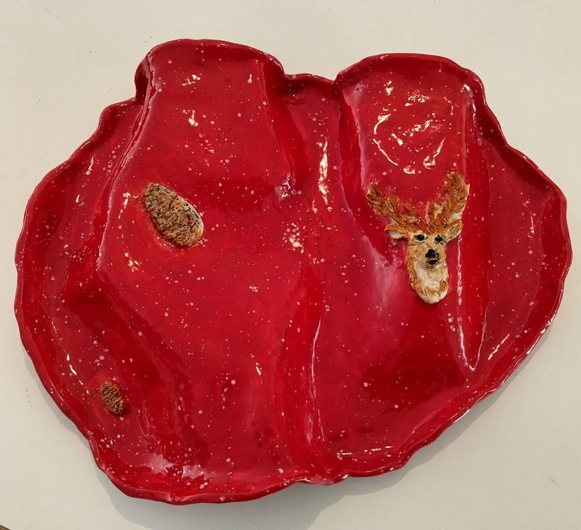 Rote, selbstgemachte Keramikschale, Reh Zapfen, Unikat (Neu (gemäss ...