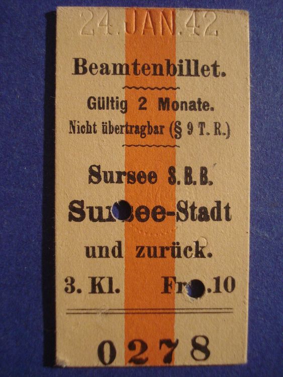 SBB - 24.1.1942 - SURSEE S.B.B. - SURSEE-STADT - 3.Klasse (Gebraucht) in Biel/Bienne für CHF 63 ...