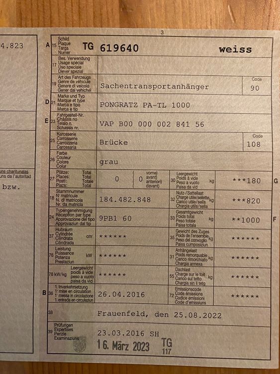 Pongratz Anhänger LPA 206 G 1000kg (Gebraucht) in Fruthwilen für CHF 700 – nur Abholung auf ...
