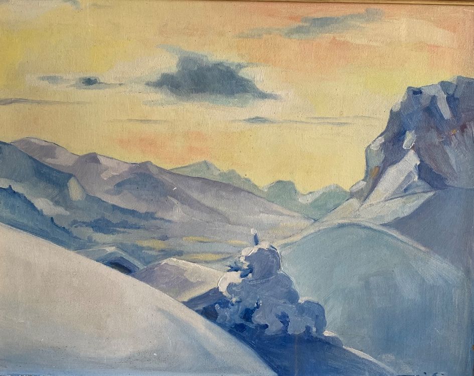 Berglandschaft im Winter Gemälde unleserlich Signiert | Kaufen auf Ricardo