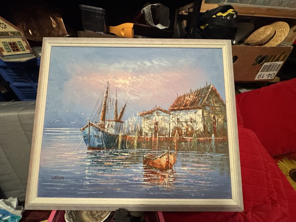 Tableau vintage Crane, scène de port maritime charmante! (D'occasion) à ...