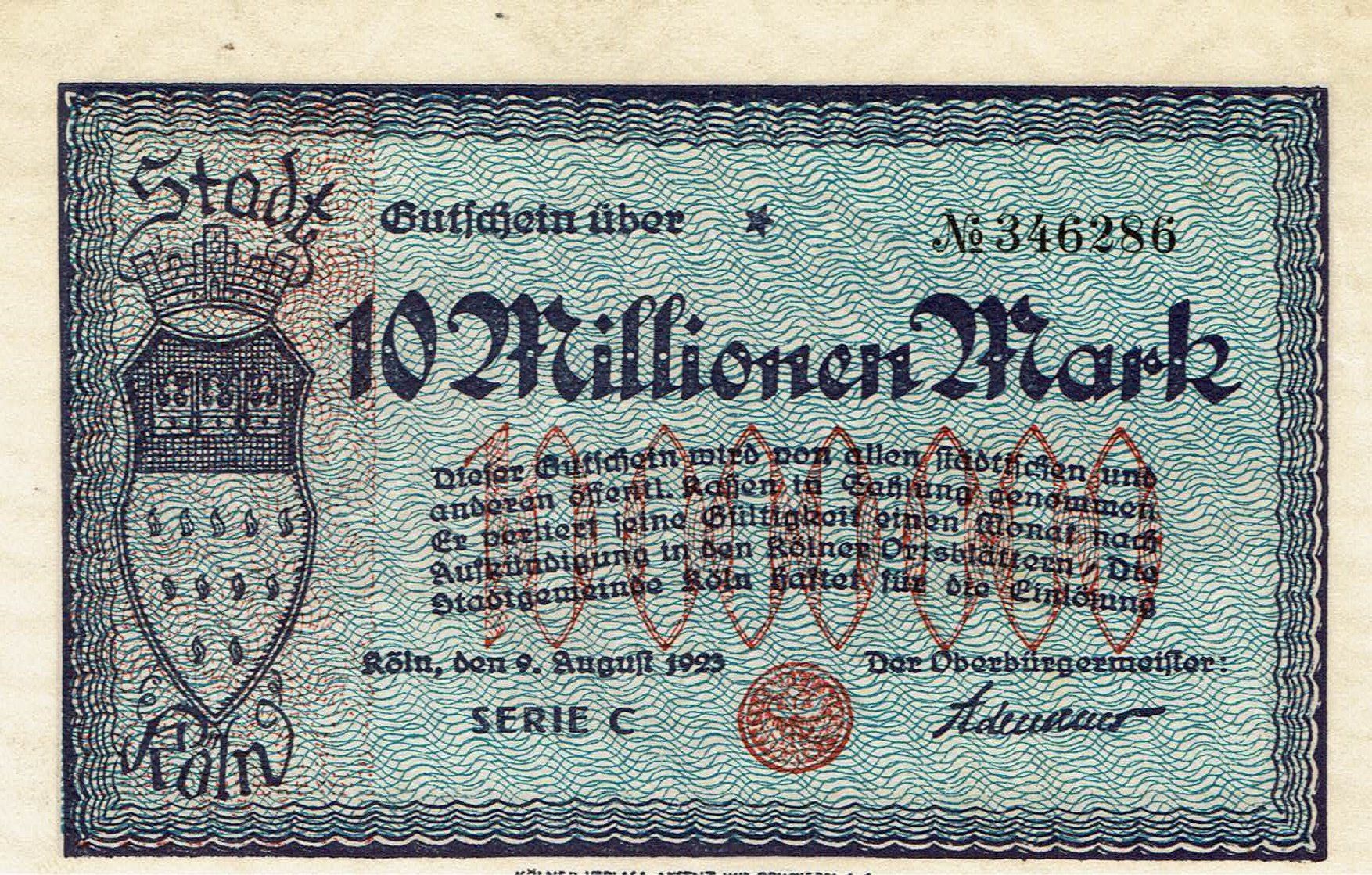 Köln 10 Mil.Mark 09.08.1923 Serie C WZ Waagerecht (Gebraucht) in ...