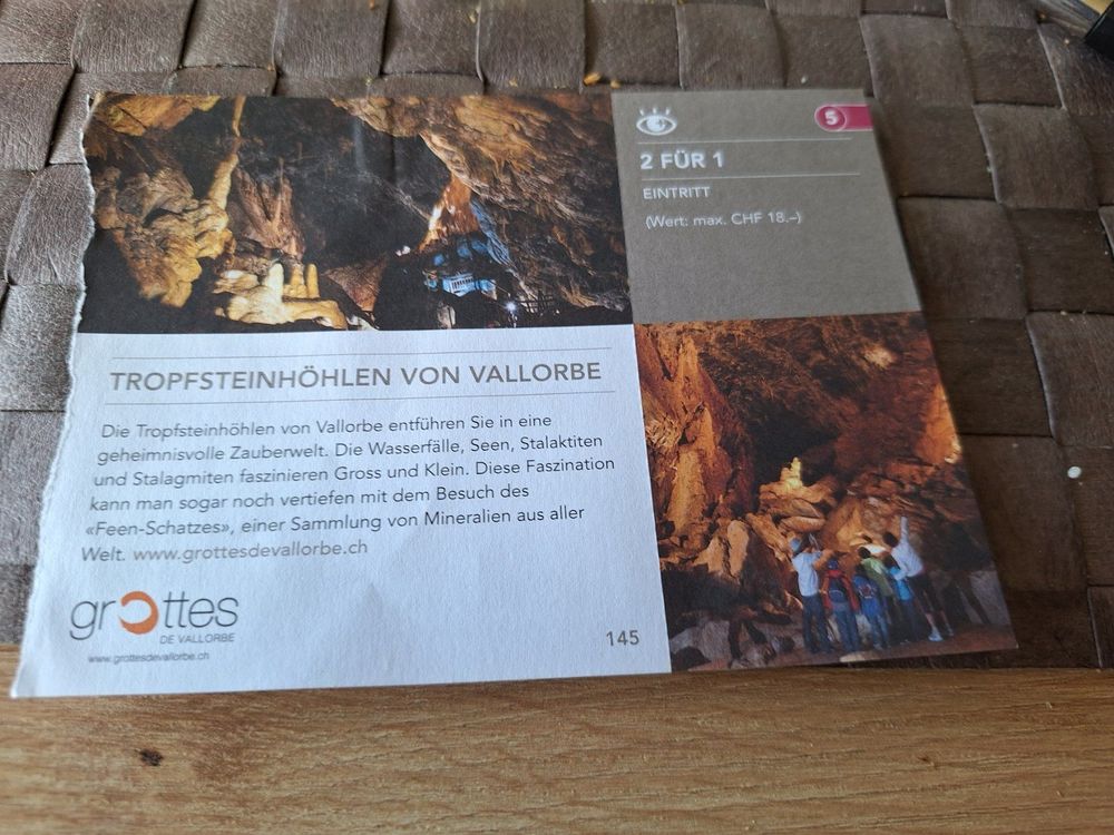 2:1 Eintritte Tropfsteinhöhlen Vallorbe (Neu und originalverpackt) in Ernetschwil für CHF 1 ...