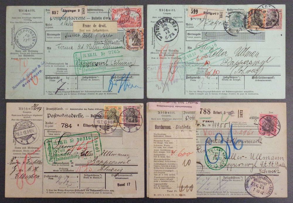 DEUTSCHES REICH: 4 Paketbegleitkarten aus 1911–13 (Gebraucht) in Zürich ...