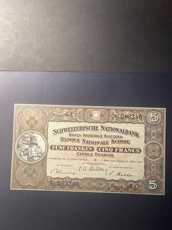 Alte Banknote CHF 5.- ** / 1952 / Bankfrisch | Kaufen auf Ricardo