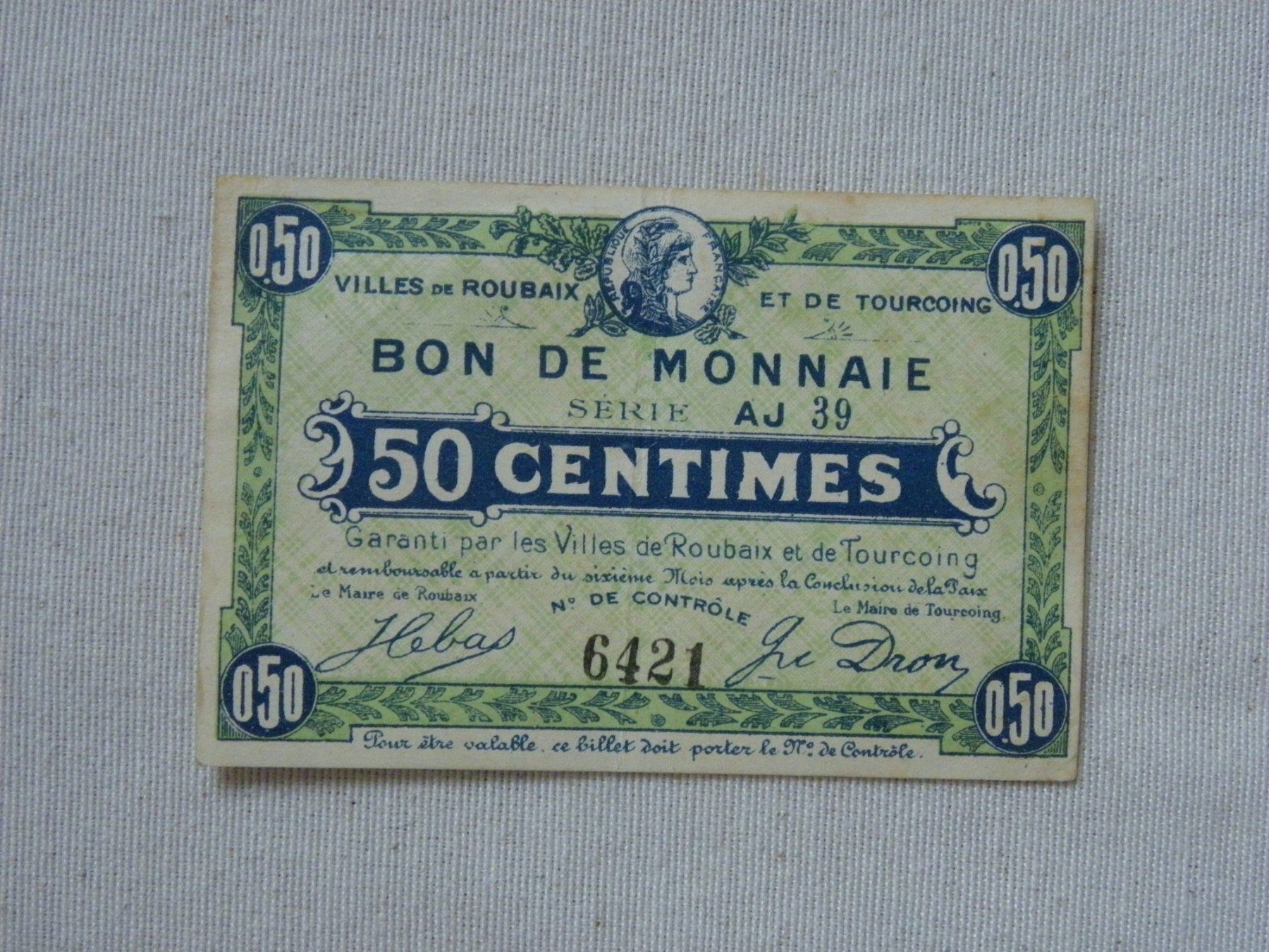 Bon de Monnaie,50 Centimes, Städte Roubaix/Tourcoing, AJ39 (Gebraucht ...