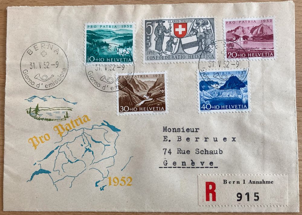 FDC Pro Patria 1952 illustriert P2, ET BERNA SBK 450 Fr. (Gebraucht) in Flawil für CHF 90 – mit ...