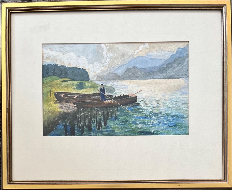 Naive Aquarell, Seelandschaft mit Fischer | Kaufen auf Ricardo