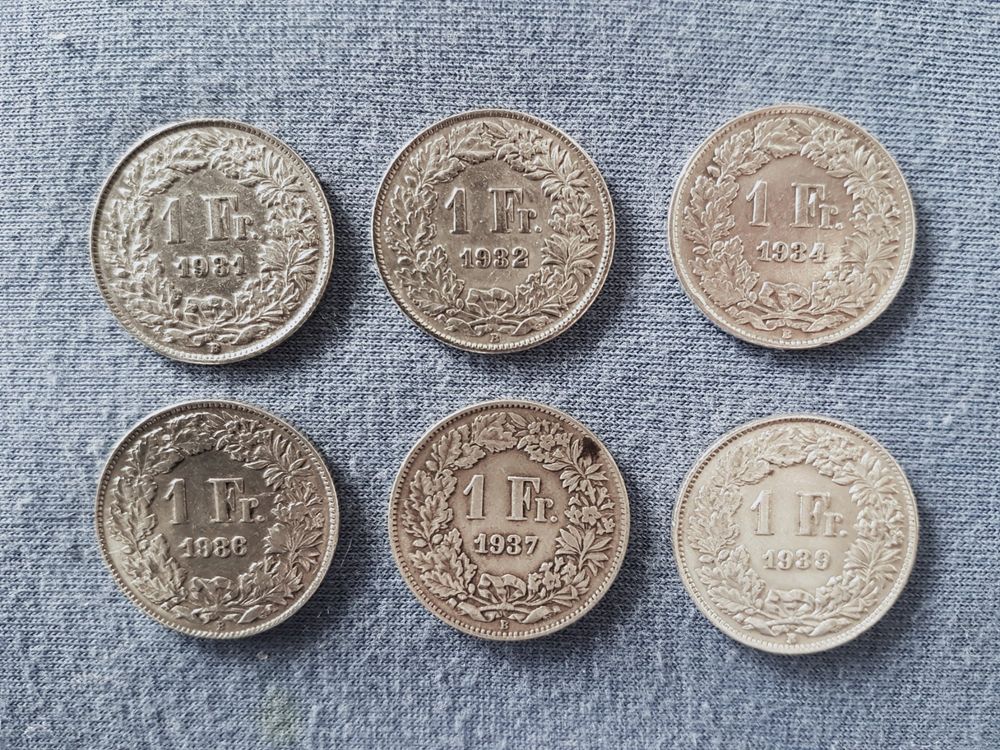 6 x 1 Fr Silbermünzen 1931-1932-1934-1936-1937-1939 ab 1 Fr! (Gebraucht) in Camignolo für CHF 18 ...
