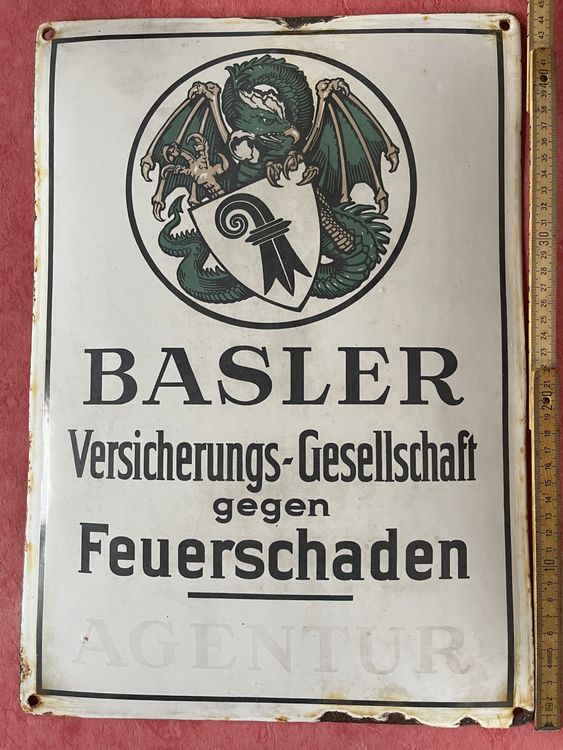 Emailschild antik Basel Drache Basilisk Versicherung Feuer (Gebraucht ...