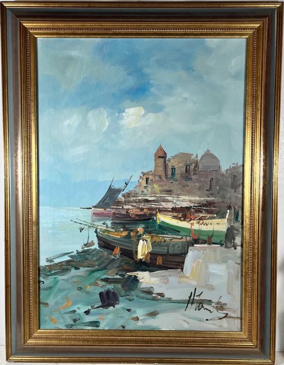 Grosse Küsten Szene Gemälde mit Booten , Unl. Sig. (Gebraucht) in Root für CHF 24 – mit ...