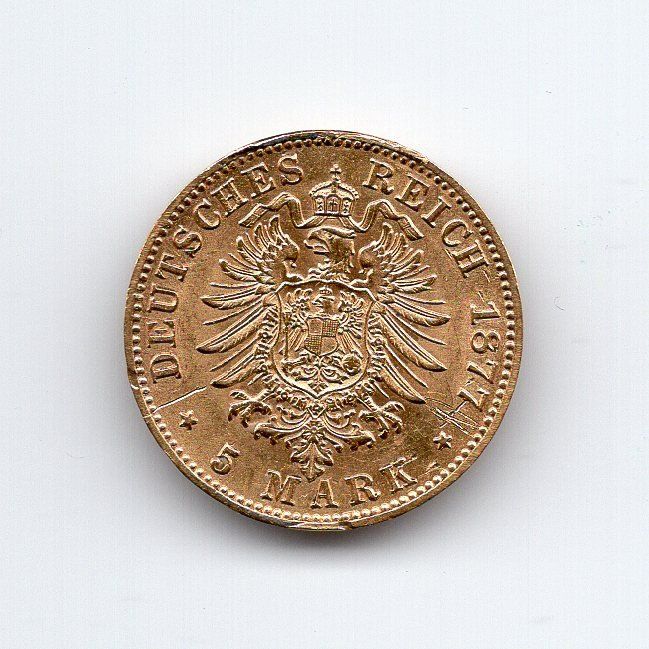 (1208) Deutsches Reich, 5 Mark, 1877 C, Gold Preussen (Gebraucht) in ...