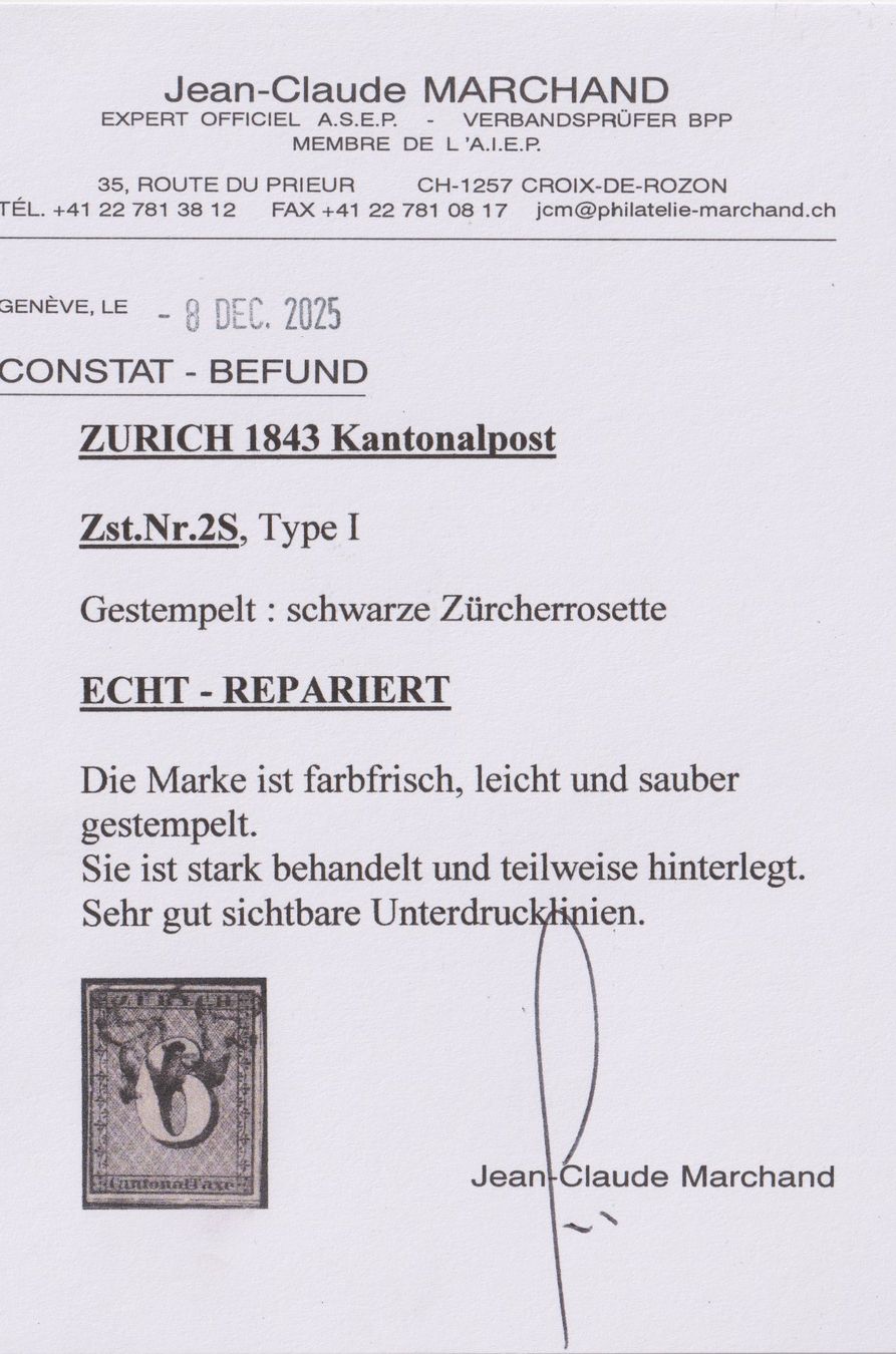 Schweiz 1843: Zürich 6 (Kat. 2S) - Befund - Kat. 2500.-- (Gebraucht) in ...