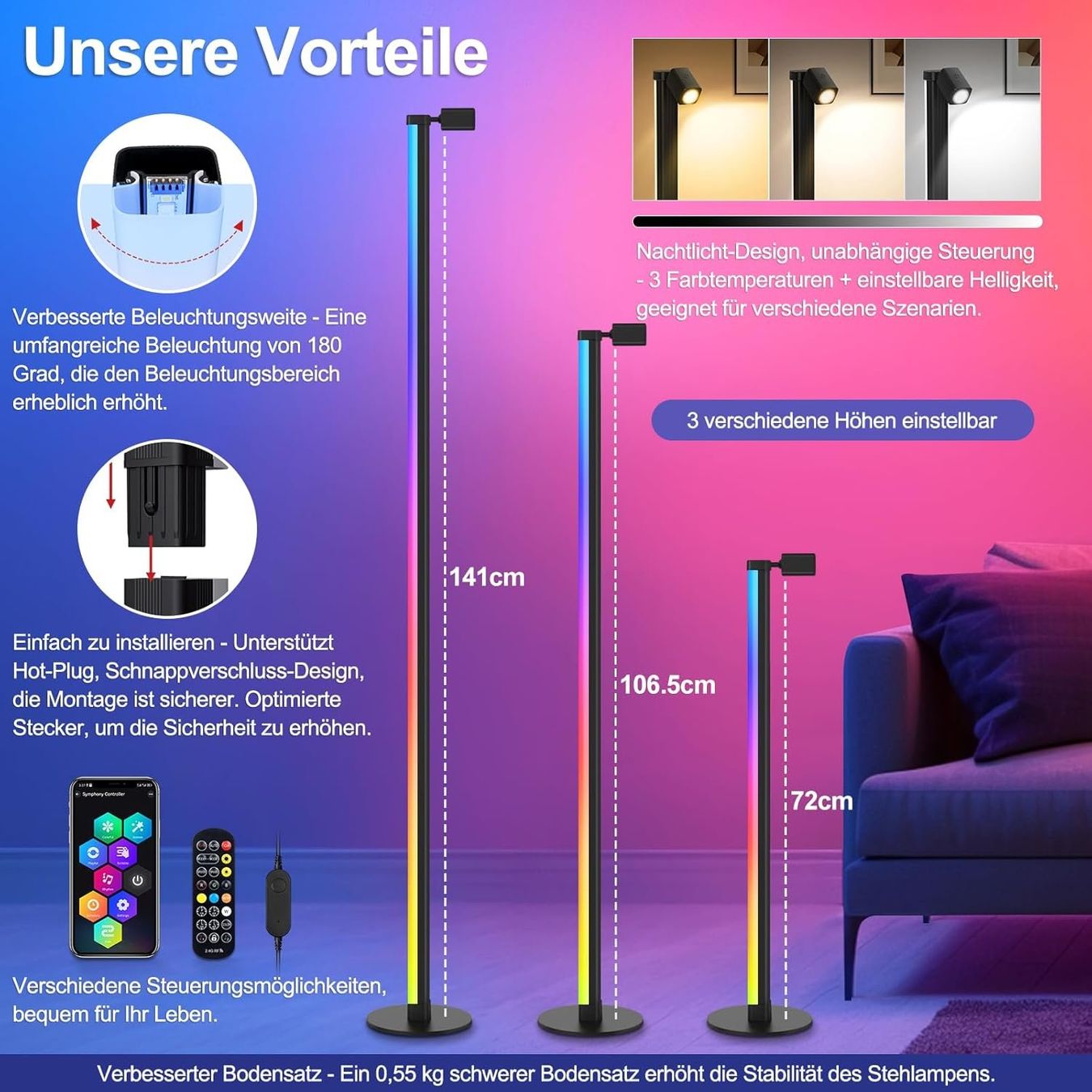 RGB Stehlampe LED, 16 Mio Farben, dimmbar, Höhe verstellbar (Neu und ...