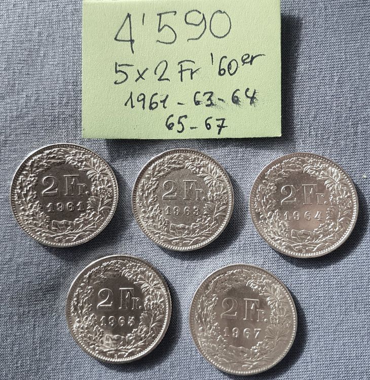 5 x 2 Fr schöne Silberm. 1961 bis 1967 kompl. Serie ab 1 Fr! | Kaufen auf Ricardo