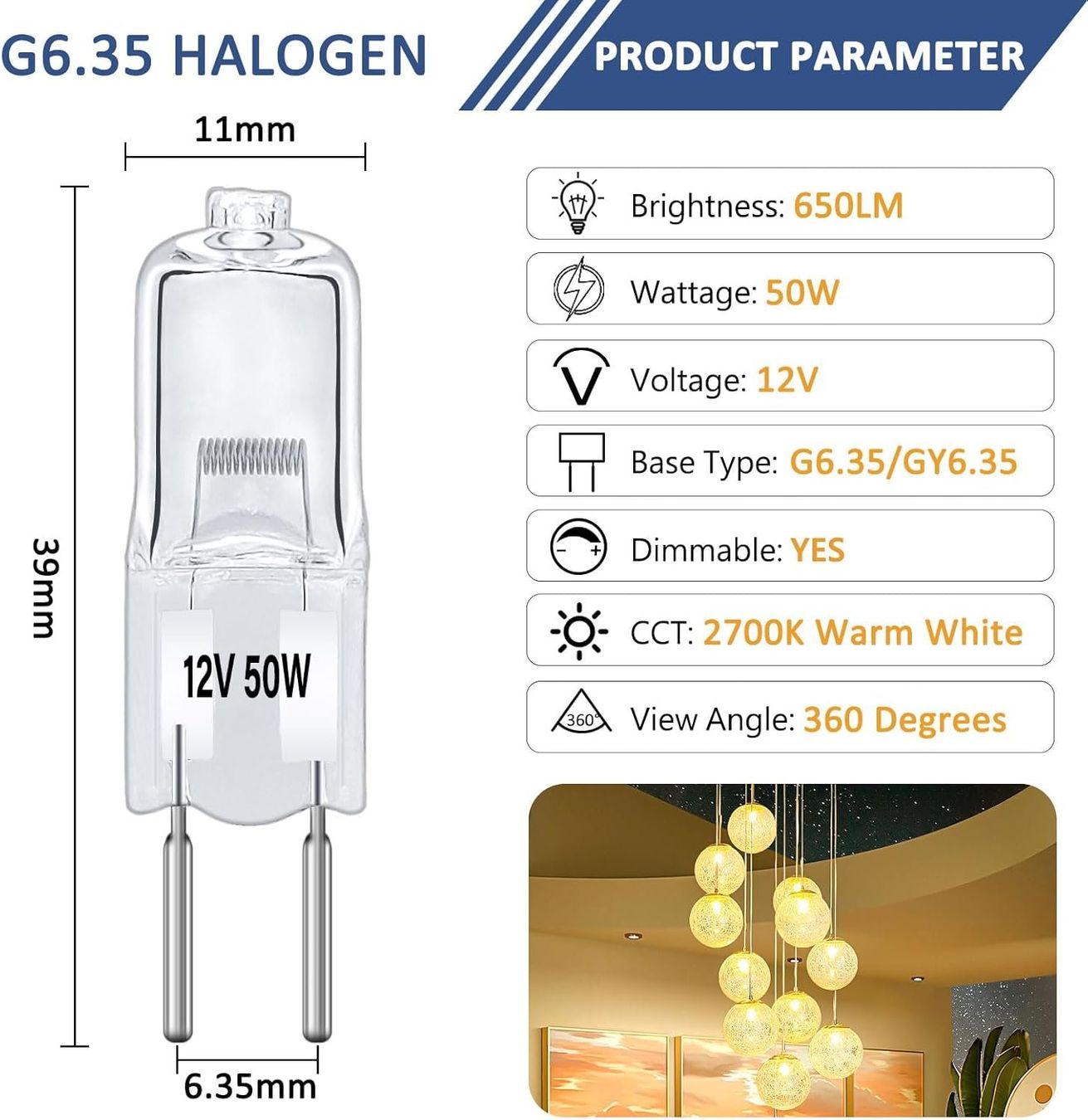 Pack of 12 G6.35 50 W 12 V Halogen Light Bulbs (Neu (gemäss ...