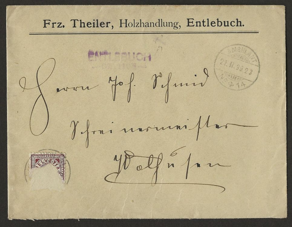 1899 ENTLEBUCH Stabstempel Balkenstempel Ambulant - WOLHUSEN (Gebraucht) in Müswangen für CHF 40 ...